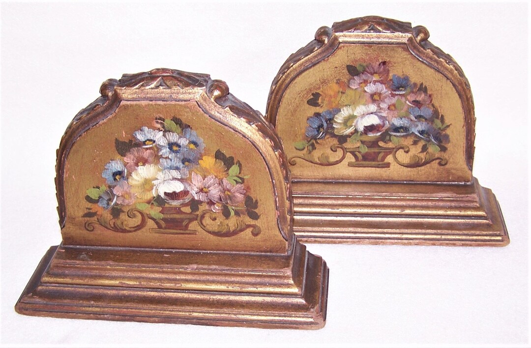 Pair Art Deco Handpainted Pastel Floral Heavy Barbola Wood Bookends ...