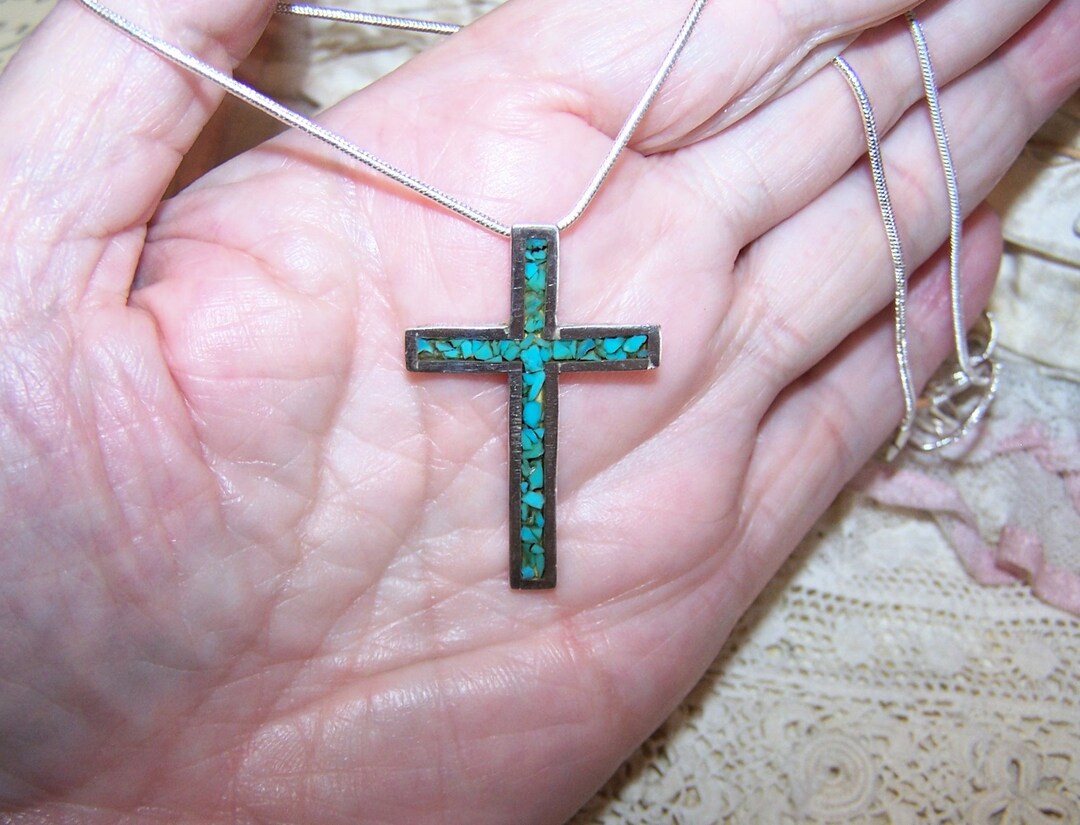 Vintage Sterling Silver Crushed Turquoise Inlay Cross Pendant (7246RV/Q ...