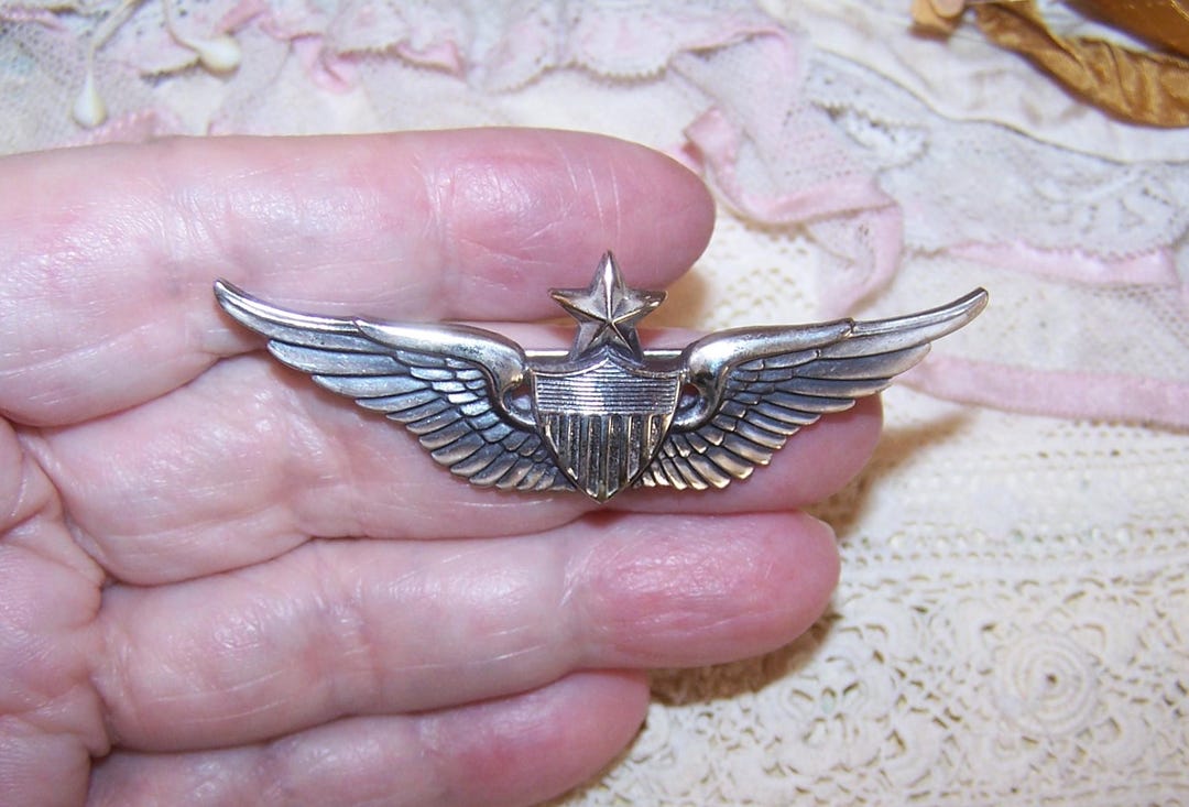 WWII Sterling Silver Air Force Pilot Pin Brooch Wings With One Star ...