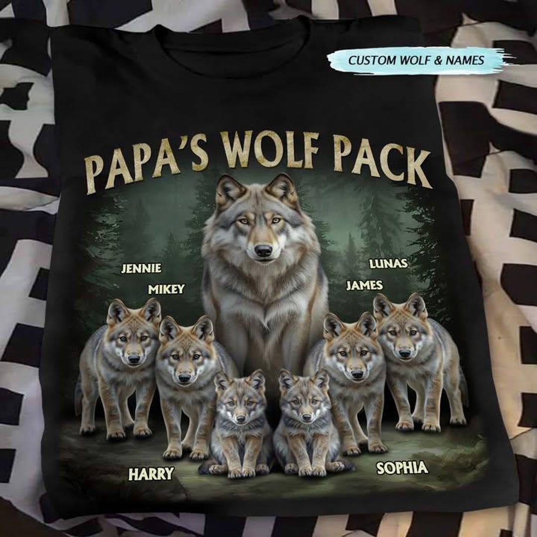 Realistic Art Papa Dad Wolf Pack - Personalized T Shirt, Family Custom ...