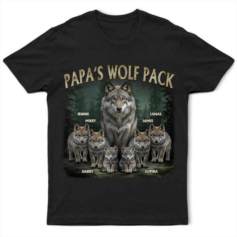 Realistic Art Papa Dad Wolf Pack - Personalized T Shirt, Family Custom ...