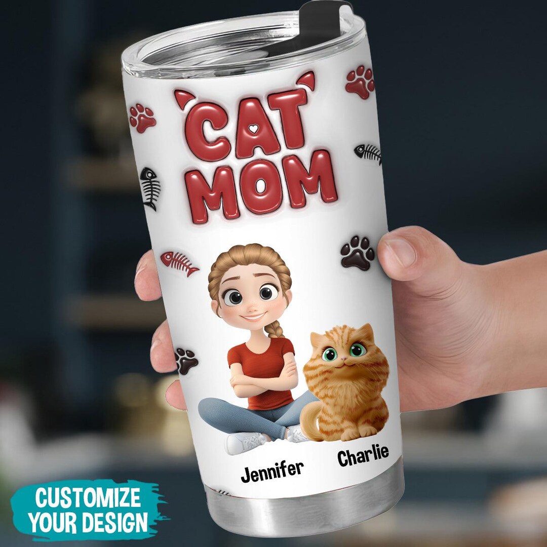 Cat Mom Lovely Chibi Personalized Custom 3D Inflated Effect Tumbler ...