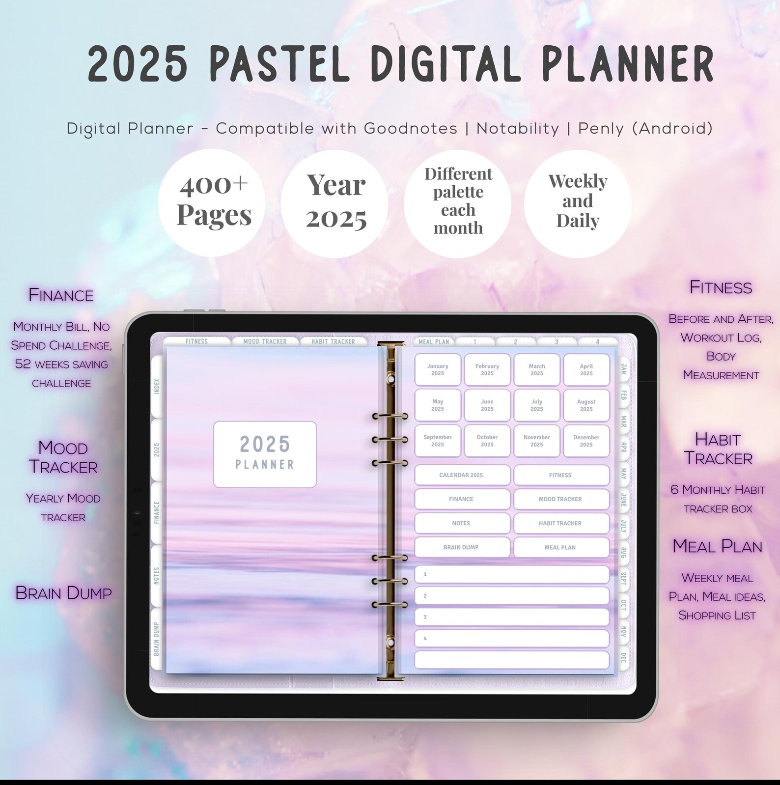 2025 Pastel Digital Planner, Monthly Planner, Weekly Planner, Daily ...
