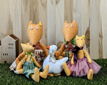 Handmade Stuffed Linen Cats Family Toys, Set of 5 Textile Toys, Animal ...
