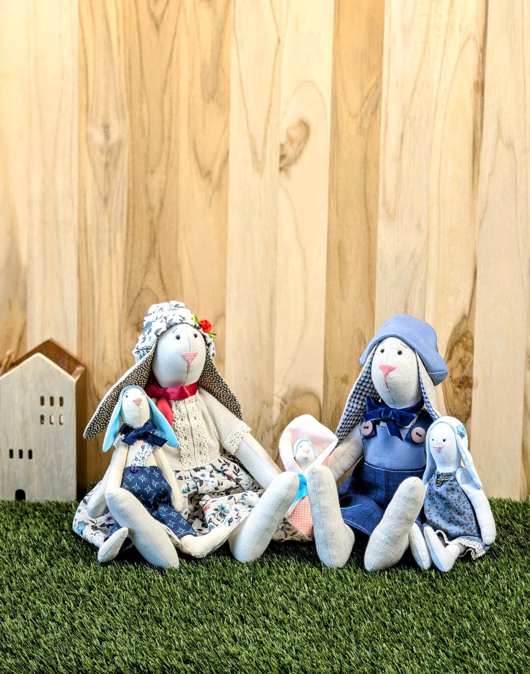 Handmade Stuffed Linen Rabbit Family Toys, Tilda Dolls, Set of 5 ...