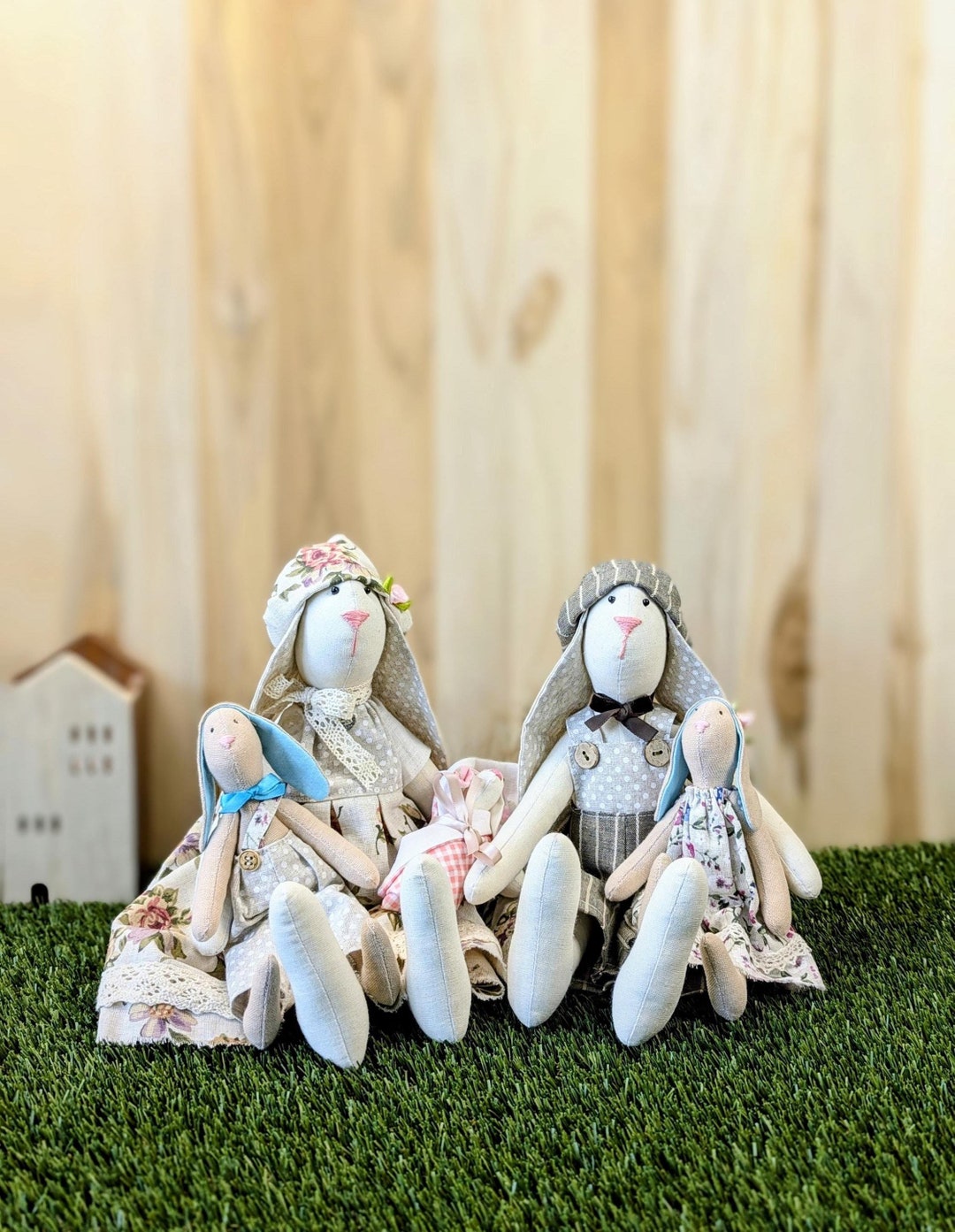 Handmade Stuffed Linen Rabbit Family Toys, Tilda Dolls, Set of 5 ...