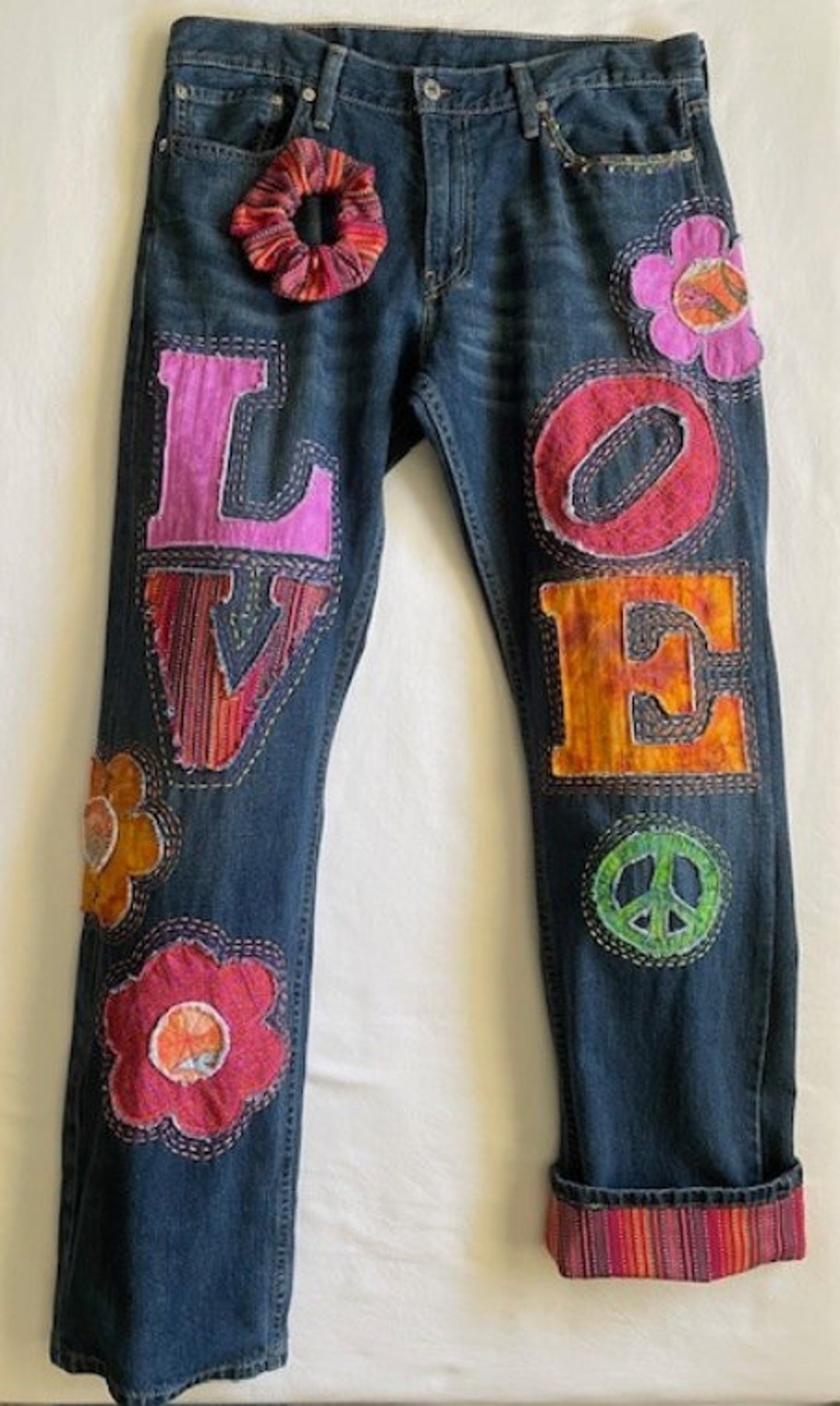 Upcycled Unisex Levi 514 34wx32 Denim Unique Art Jeans One Only Hippie ...