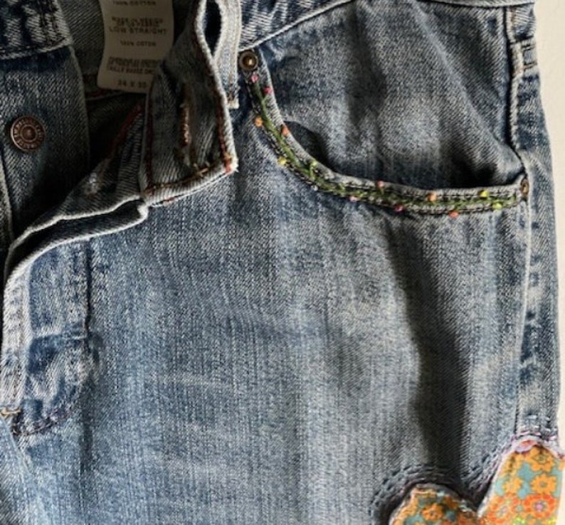 Upcycled Unisex Vintage Levi 34w Denim Unique Art Jeans One Only Hippie Festival Bohemian 1970 ...