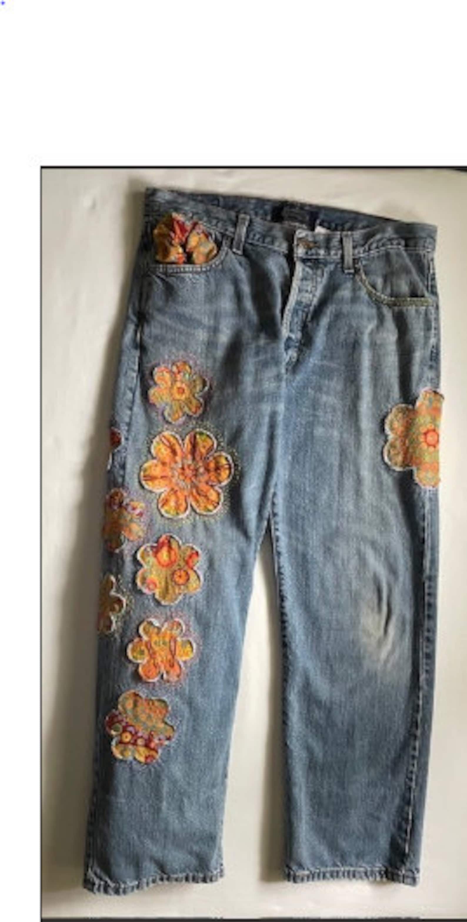 Upcycled Unisex Vintage Levi 34w Denim Unique Art Jeans One Only Hippie Festival Bohemian 1970 ...