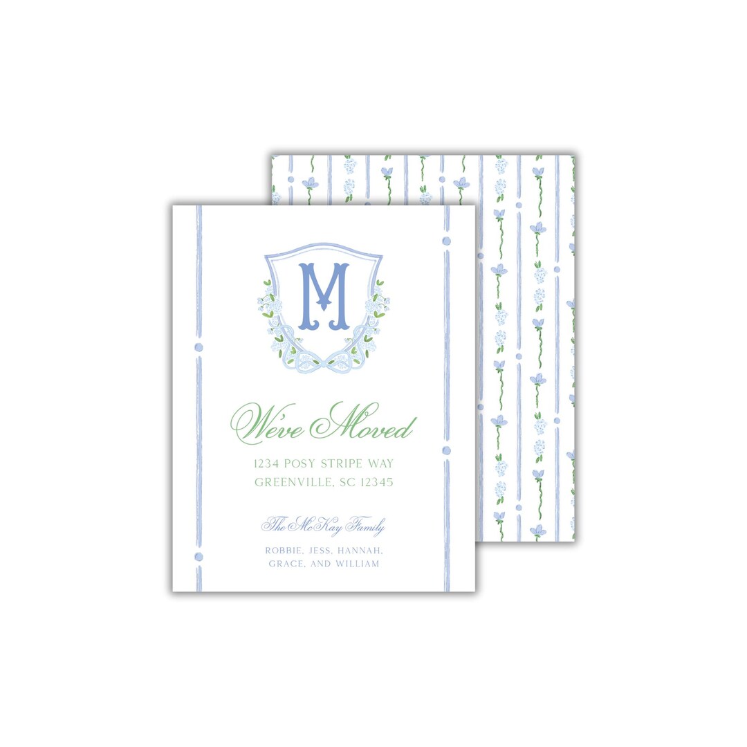Monogrammed Blue Floral Moving Announcement Cards With Envelopes ...