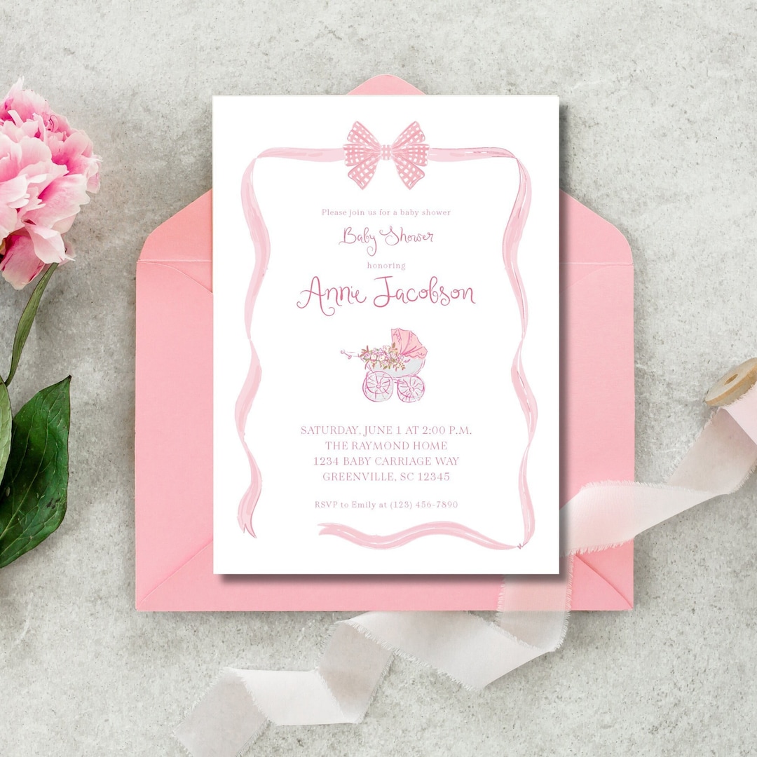 Classic Girl Baby Shower Invitation Printed Invitations Bow Baby Shower ...