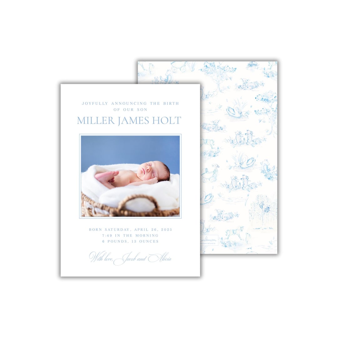 Blue Toile Baby Boy Birth Announcement Cards – Watercolor Nursery ...