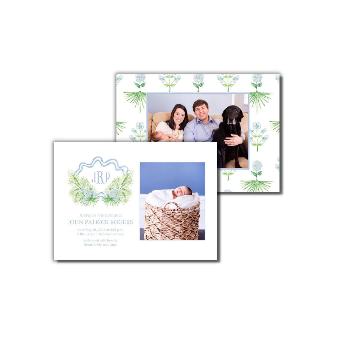 Monogrammed Birth Announcement Cards for Boys - 7x5 Birth Announcement ...