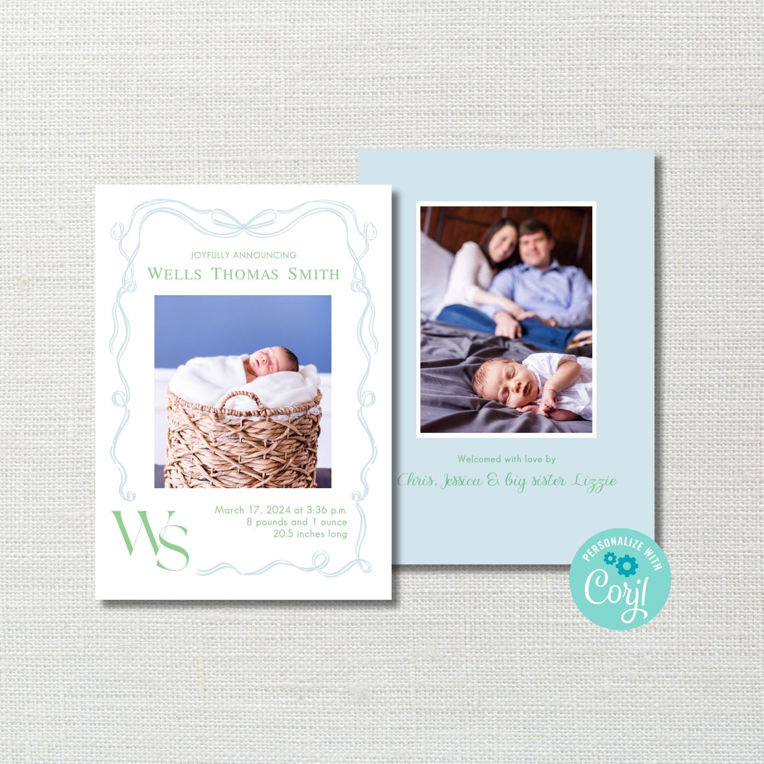 Printable Baby Boy Birth Announcement Cards - Grandmillennial Bow Frame ...