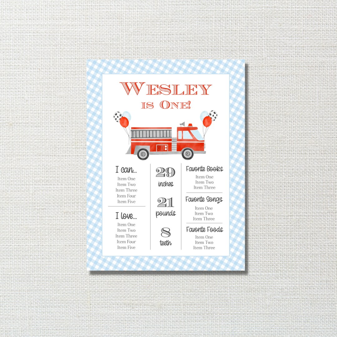 Printable First Birthday Milestone Poster - Fire Truck Printable Poster ...