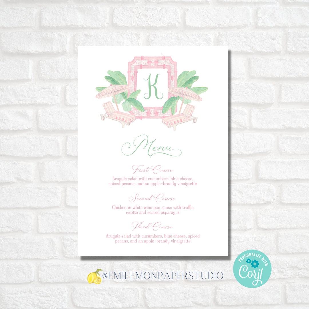 Printable Menu Card Palm Beach Brunch Menu Card Bridal Luncheon Menu ...