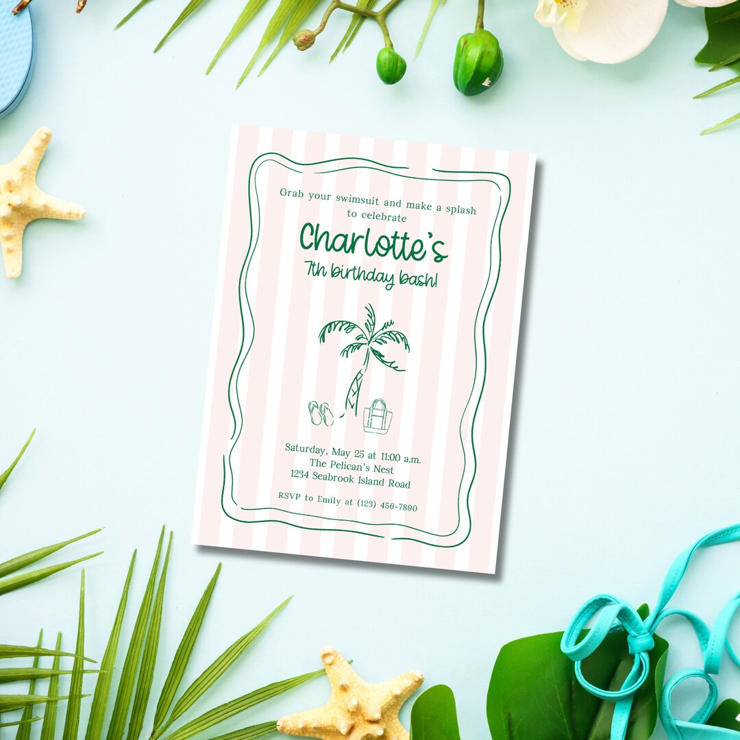 Beach Party Birthday Invitation Printed Invitations Preppy Pink and ...