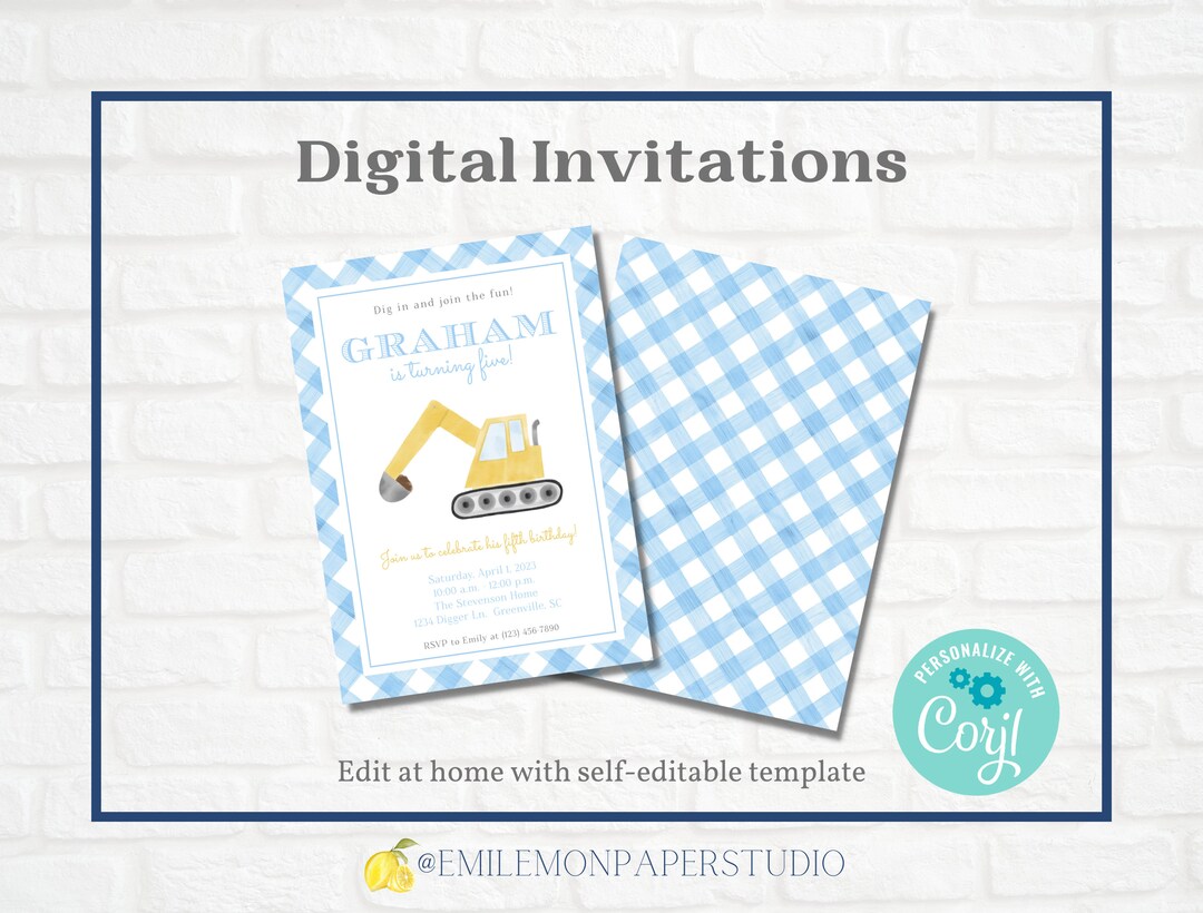 Digger Printable Invitation Template Construction Birthday Party ...