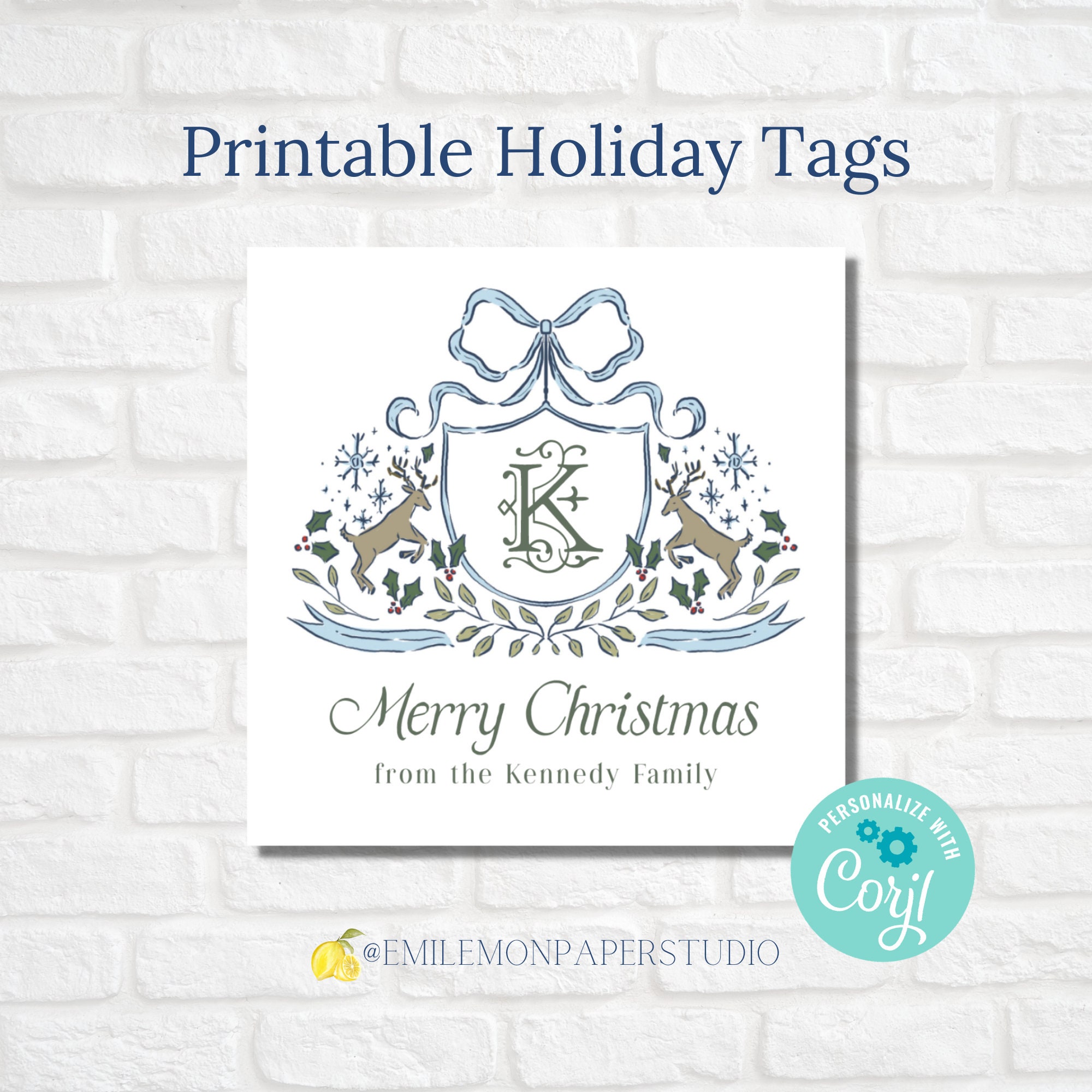 Printable Christmas Gift Tag Template Monogrammed Watercolor - Etsy
