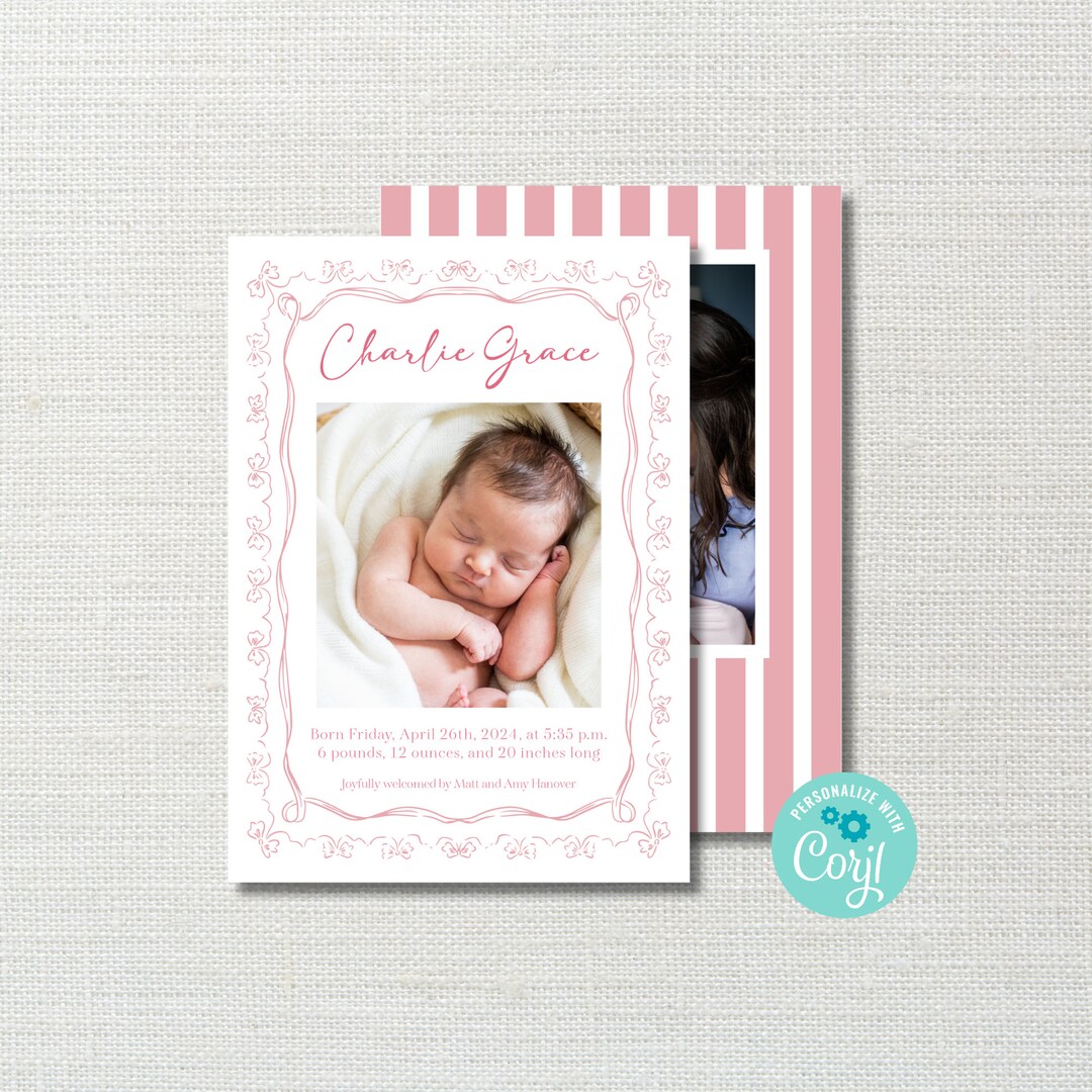 Printable Baby Girl Birth Announcement Cards - Grandmillennial Bow ...