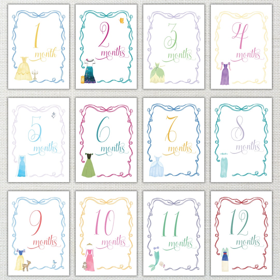 Watercolor Princess Monthly Milestone Card Set Baby Girl Milestone ...