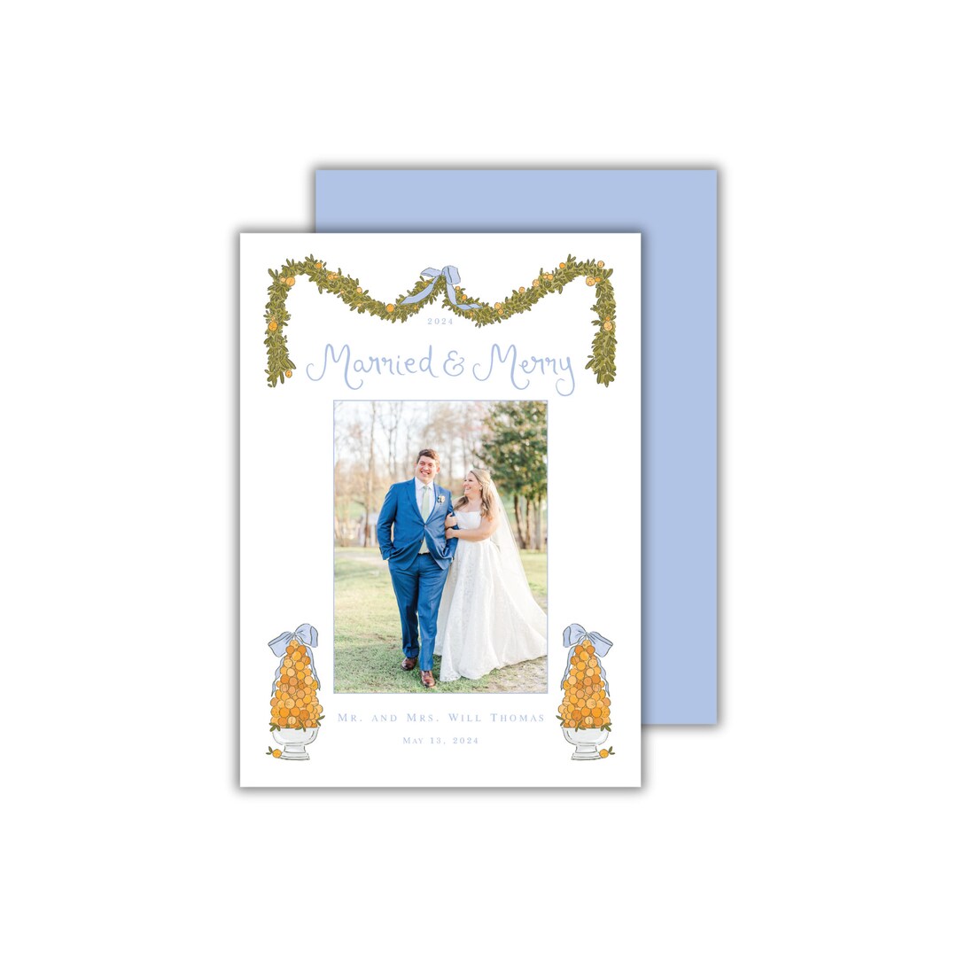 Printed Christmas Cards Orange Pomander Garland Holiday Photo Card Blue ...