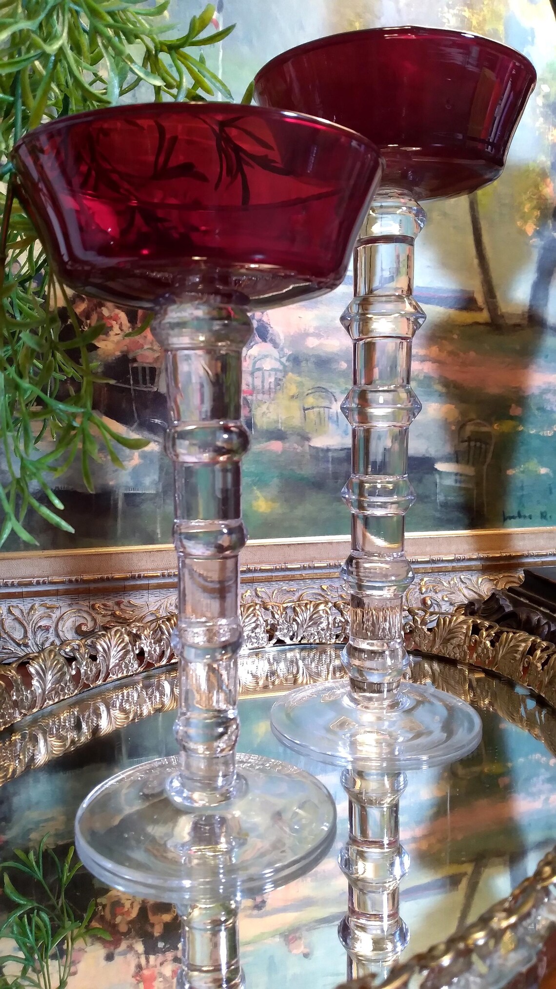 Ruby Cut to Clear Tall Glass Pillar Candle Holders Set of (2) - Etsy