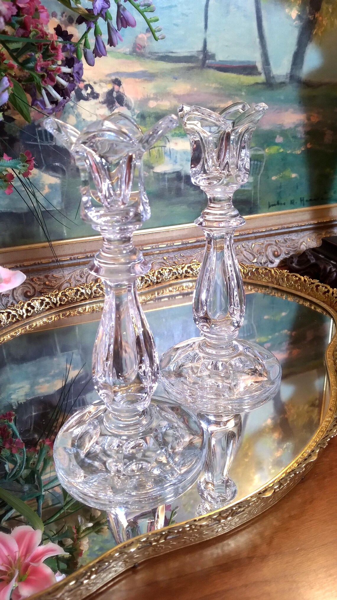 Vintage Gorham Crystal Viscount 7" Single Light Candlestick Holder Set ...