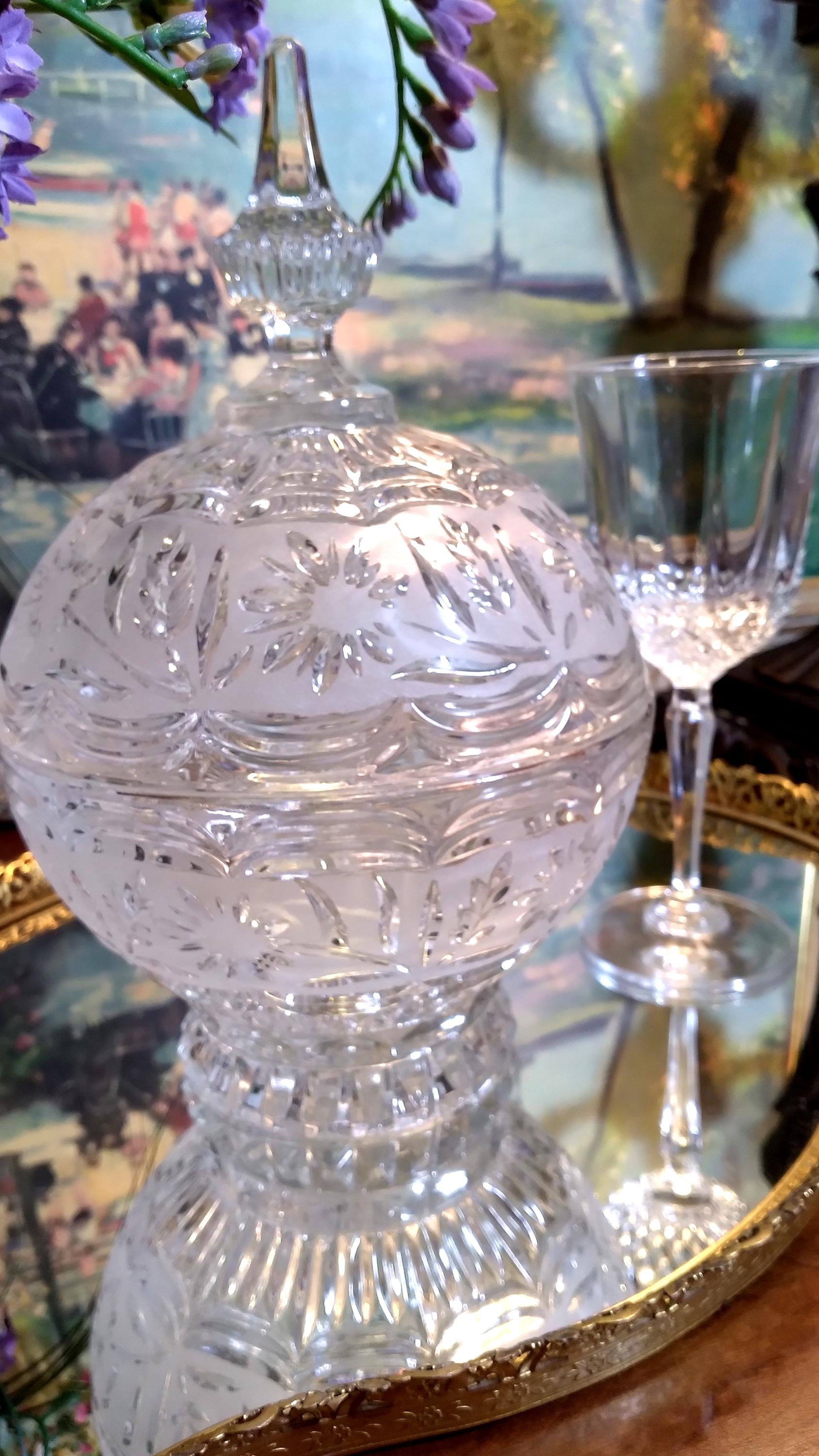 Vintage 10 Round Crystal Footed Candy Dish Cut Crystal Etched Floral ...