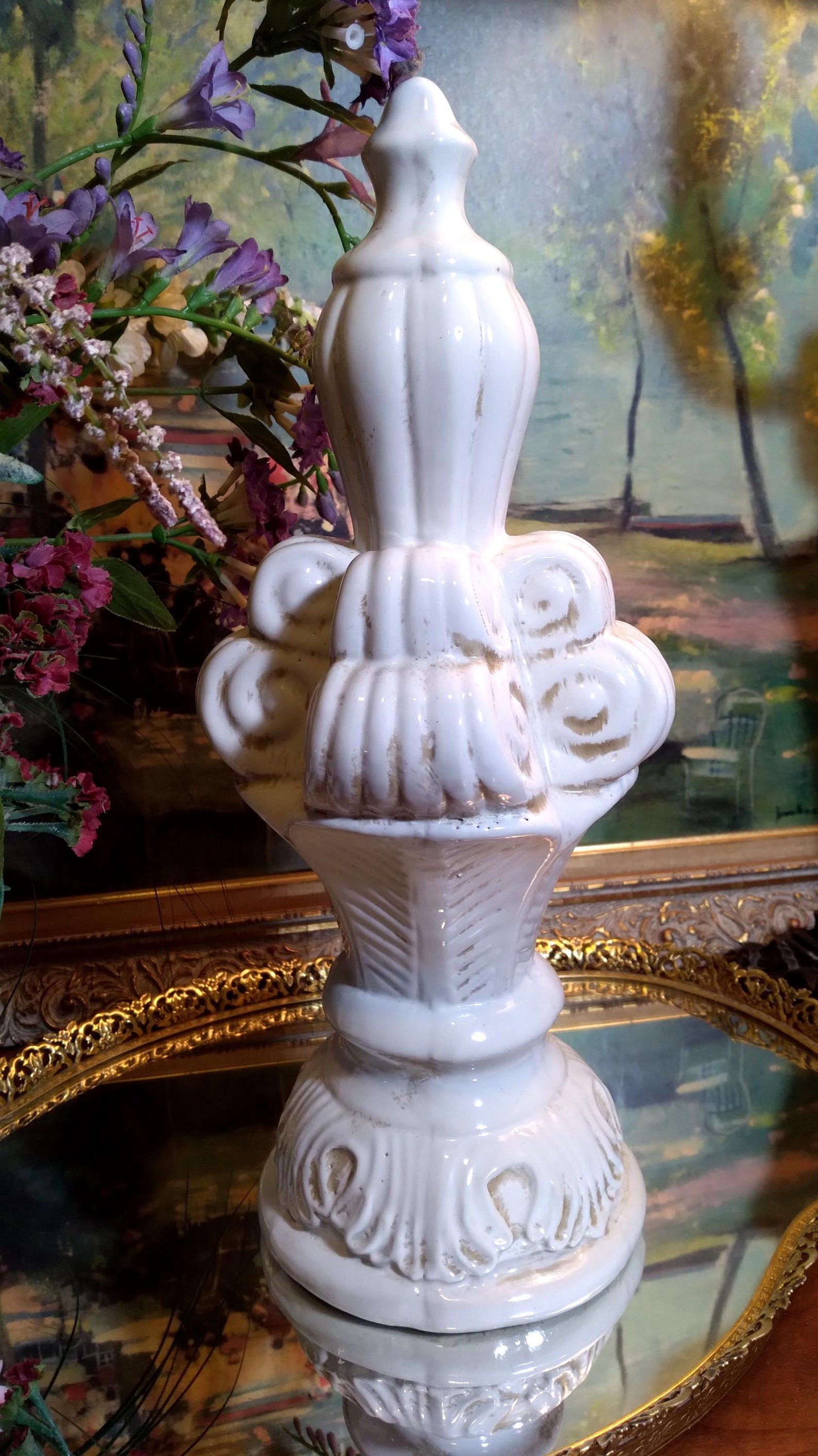 Farmhouse Finial Statue 13" | Distressed White Ceramic Finial Sculpture ...