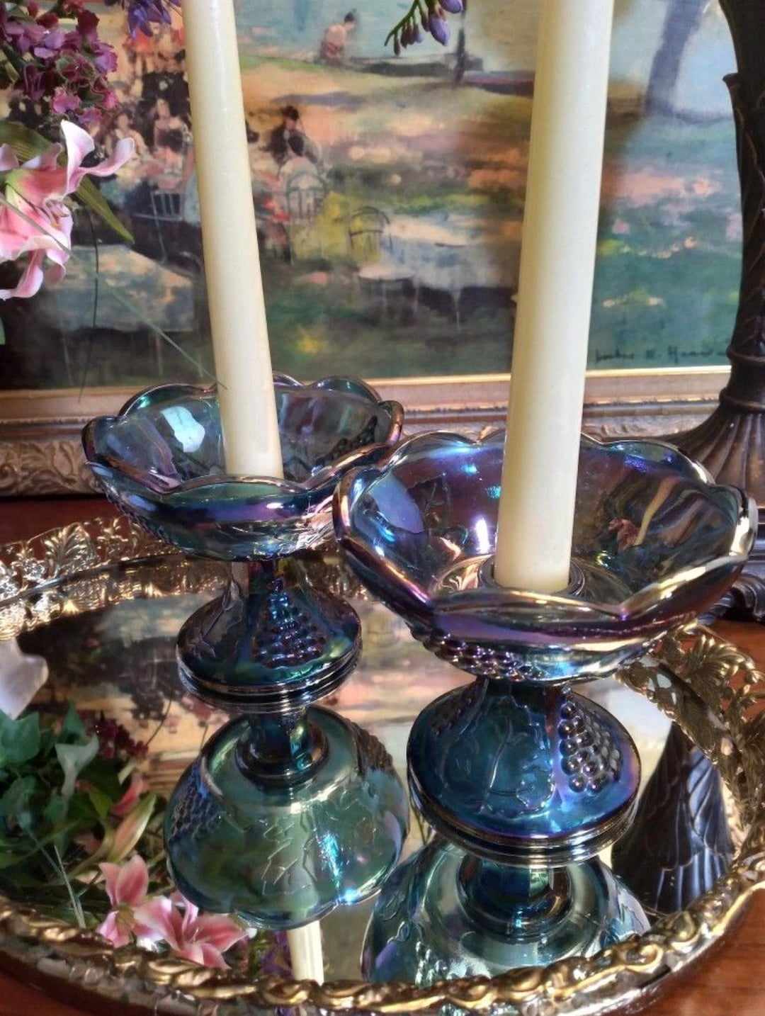 Colony Blue Harvest Carnival Glass Single Light Candlestick Holders Set ...