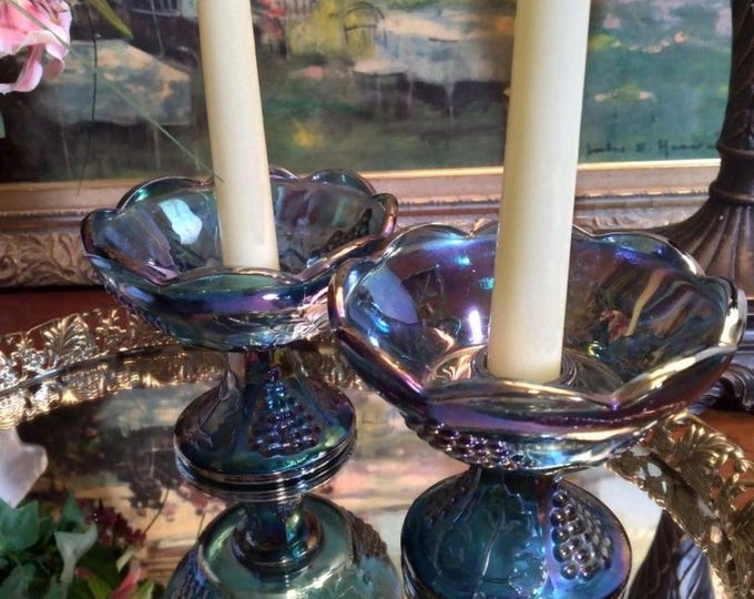 Colony Blue Harvest Carnival Glass Single Light Candlestick Holders Set ...