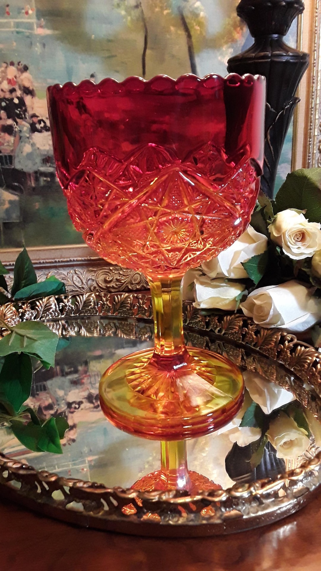 Viking Yesteryear Amberina Glass8" Compote/chalice - Etsy