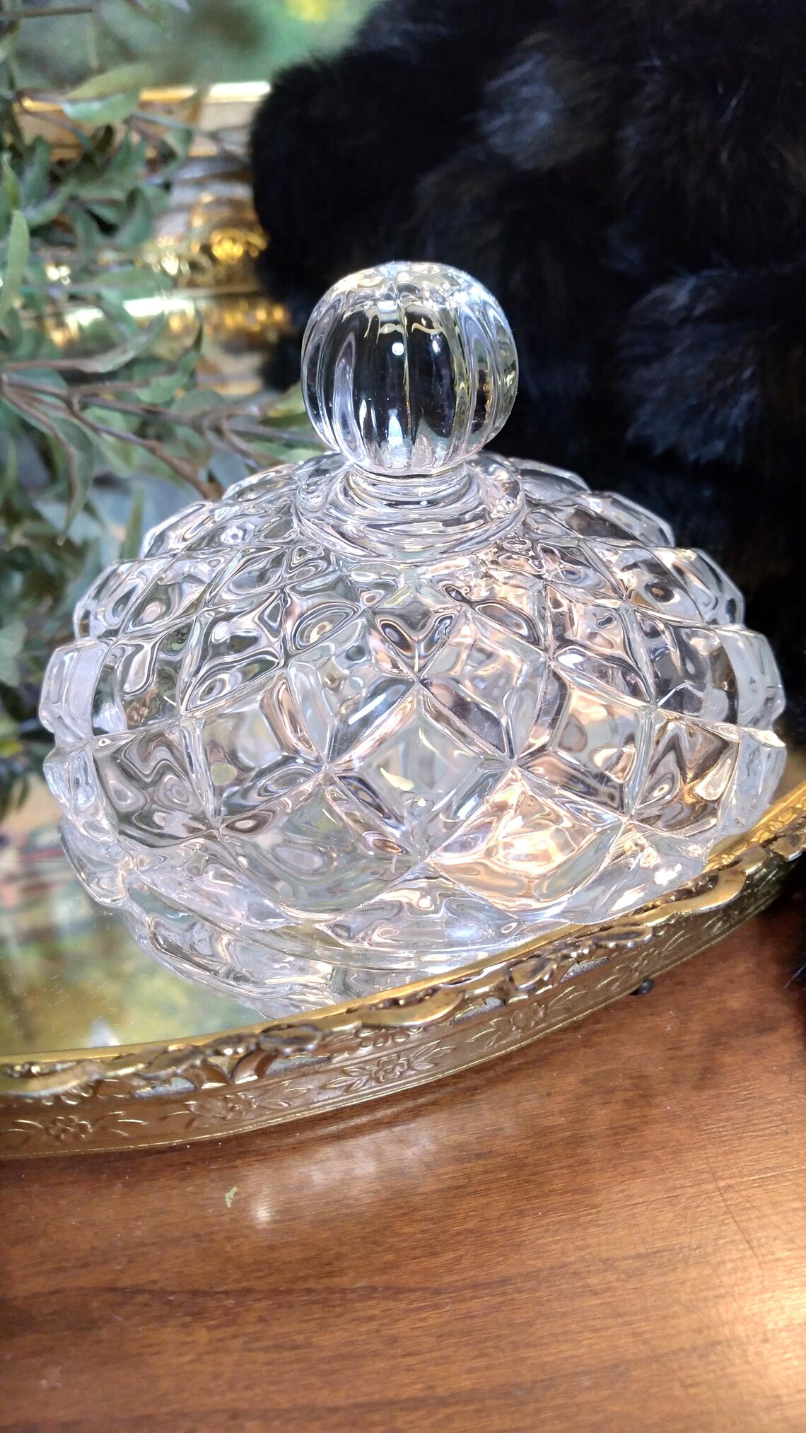 EAPG 8 Footed Candy Dish W Lid Vintage Pedestal Quilted Diamond Glass ...