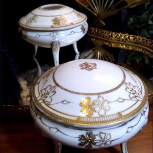 Antique Nippon Porcelain (3) Leg Powder Box & Hair Reciever W Lids Gold ...