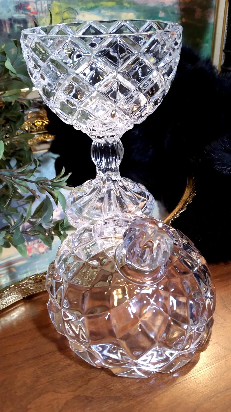 EAPG 8 Footed Candy Dish W Lid Vintage Pedestal Quilted Diamond Glass ...