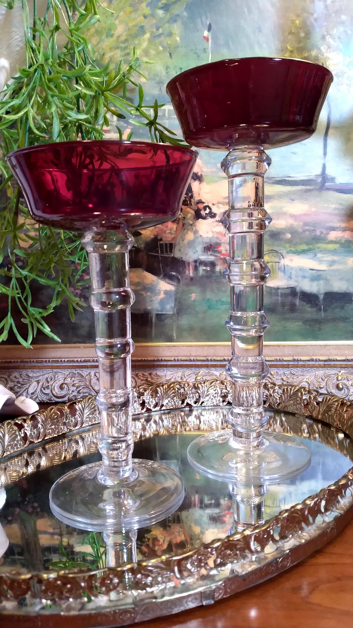 Ruby Cut to Clear Tall Glass Pillar Candle Holders Set of (2) - Etsy