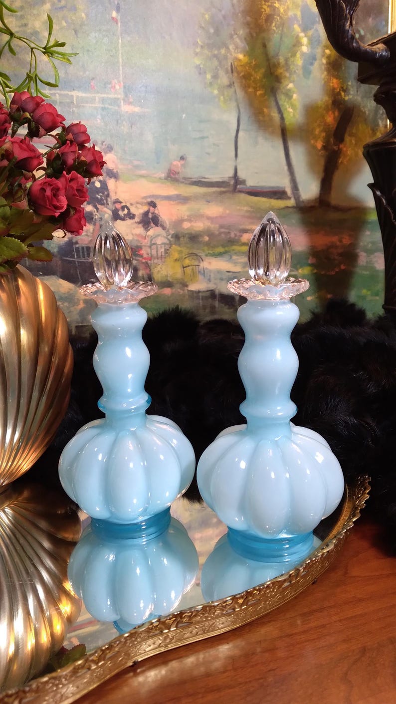 Fenton Blue Overlay 7" Cologne Bottle & Lid Set of (2) Fenton Blue ...