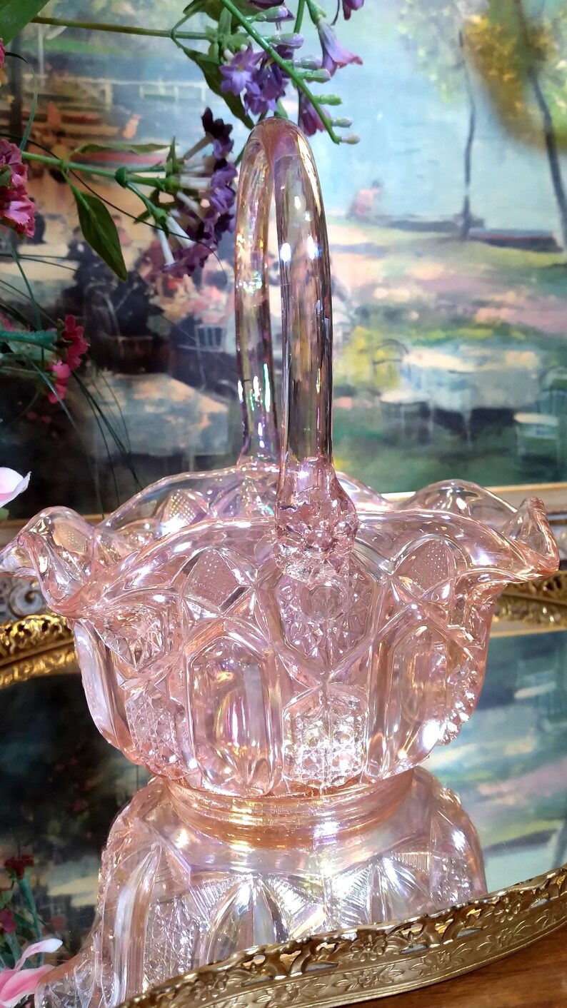 Vintage Smith Glass Quintec Pink Carnival Glass 8" Basket - Etsy