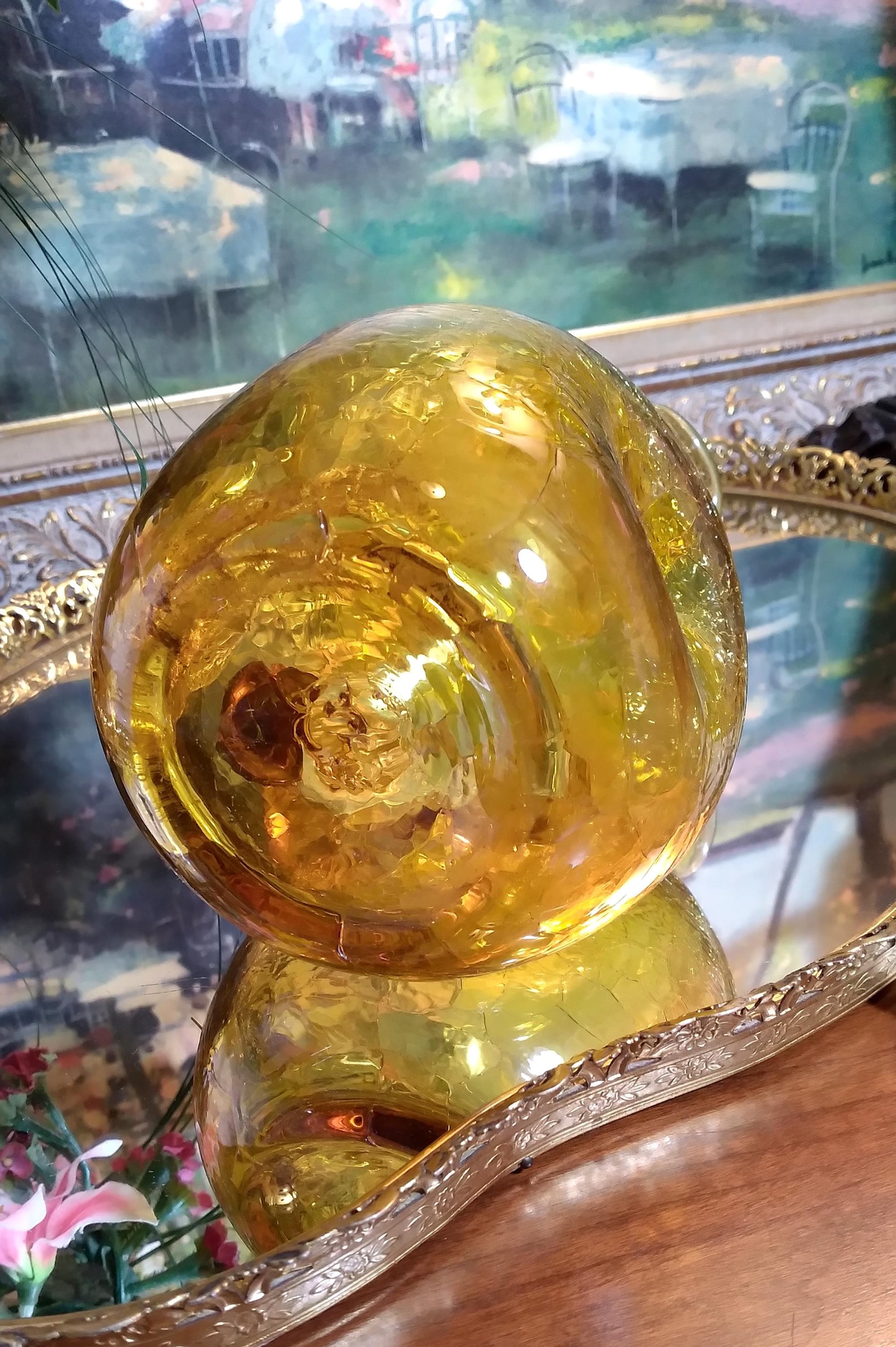 Mid Century 8" Amber Pinched Dimple Blenko Crackle Glass Handled Bottle ...