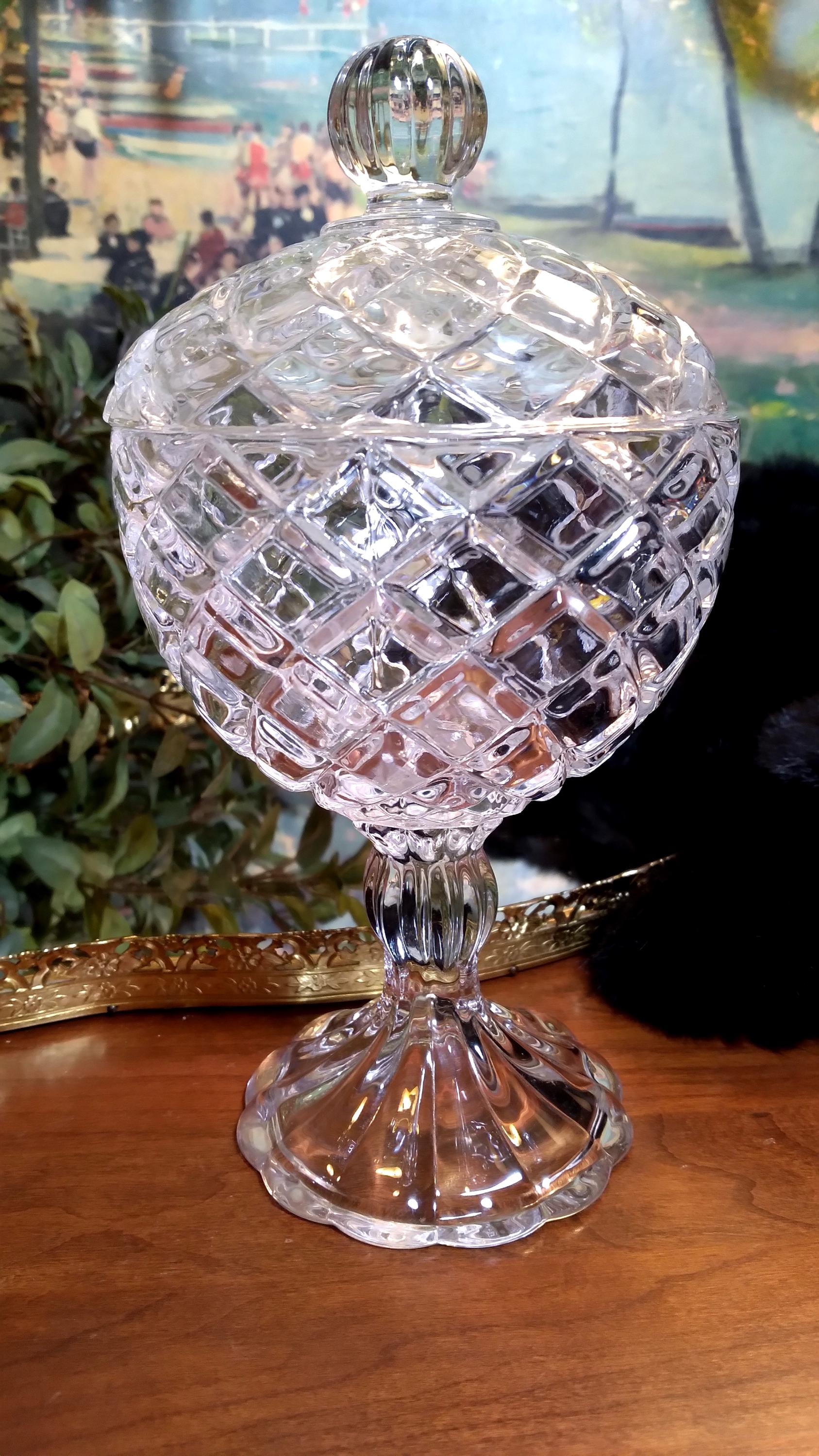 EAPG 8" Footed Candy Dish W Lid| Vintage Pedestal Quilted Diamond Glass ...