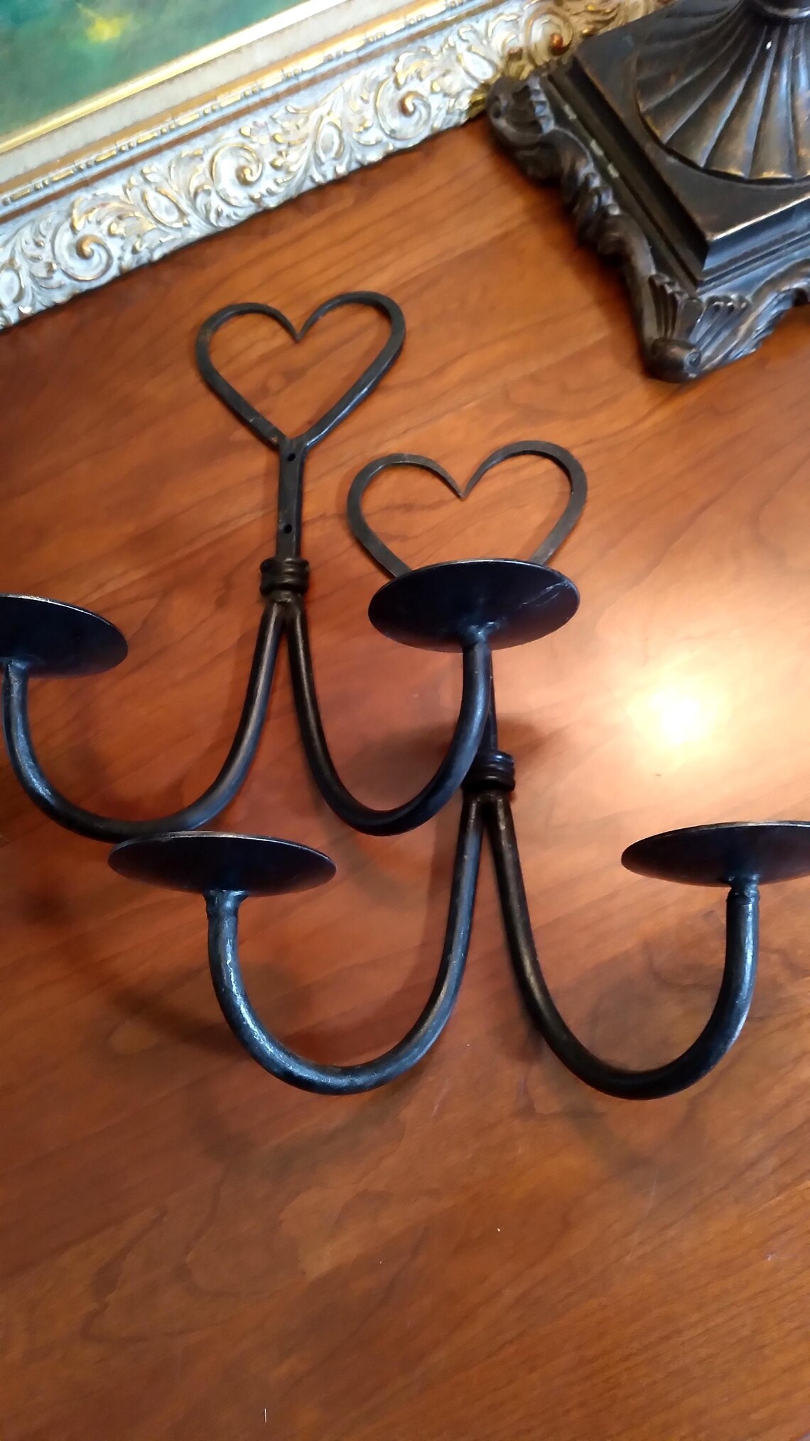 Vintage Black Iron Hand Forged Double Light Candle Wall Sconce/heart ...