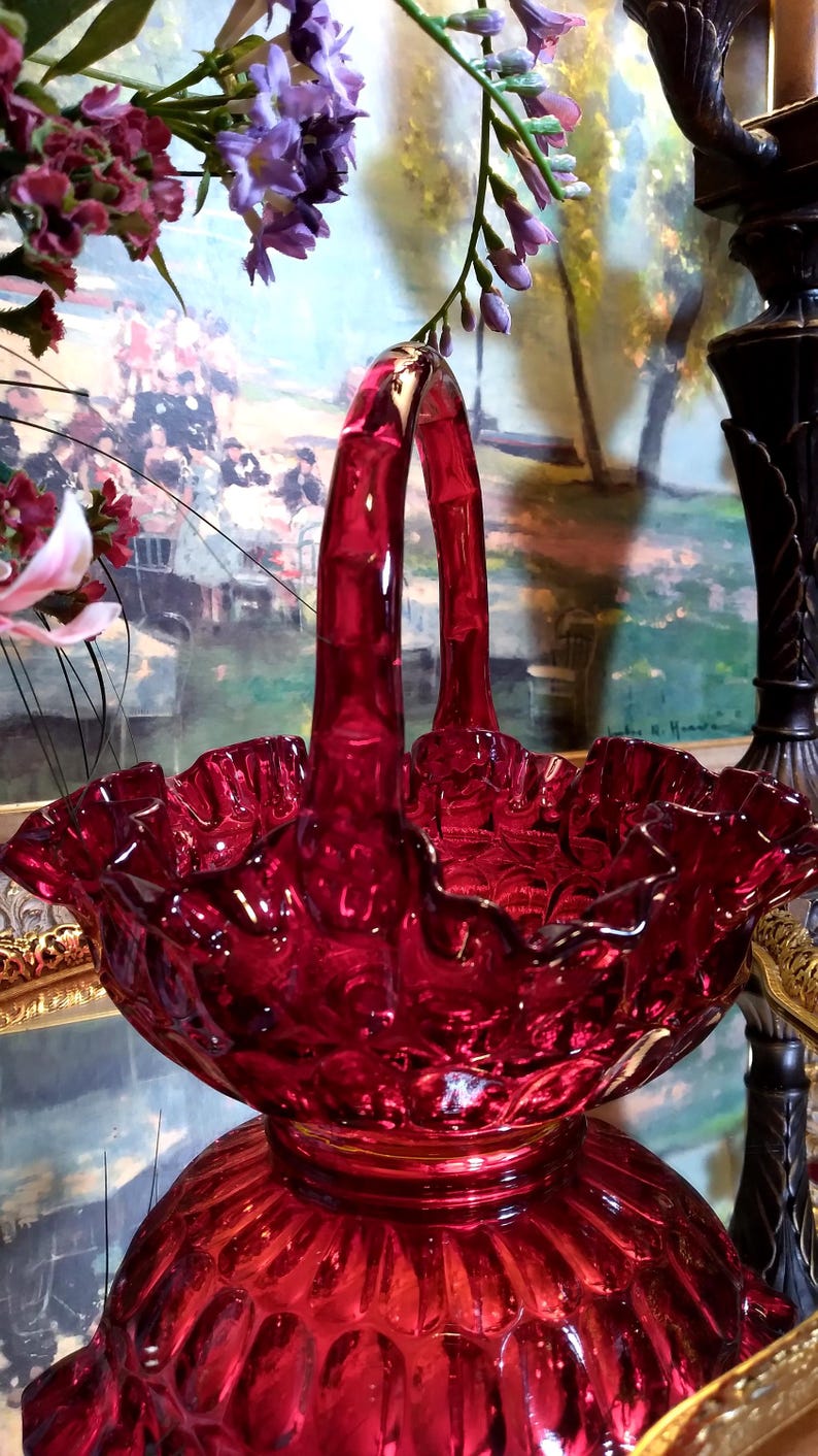 Vintage Fenton Ruby Red Thumbprint Glass Handled Basket 8" - Etsy