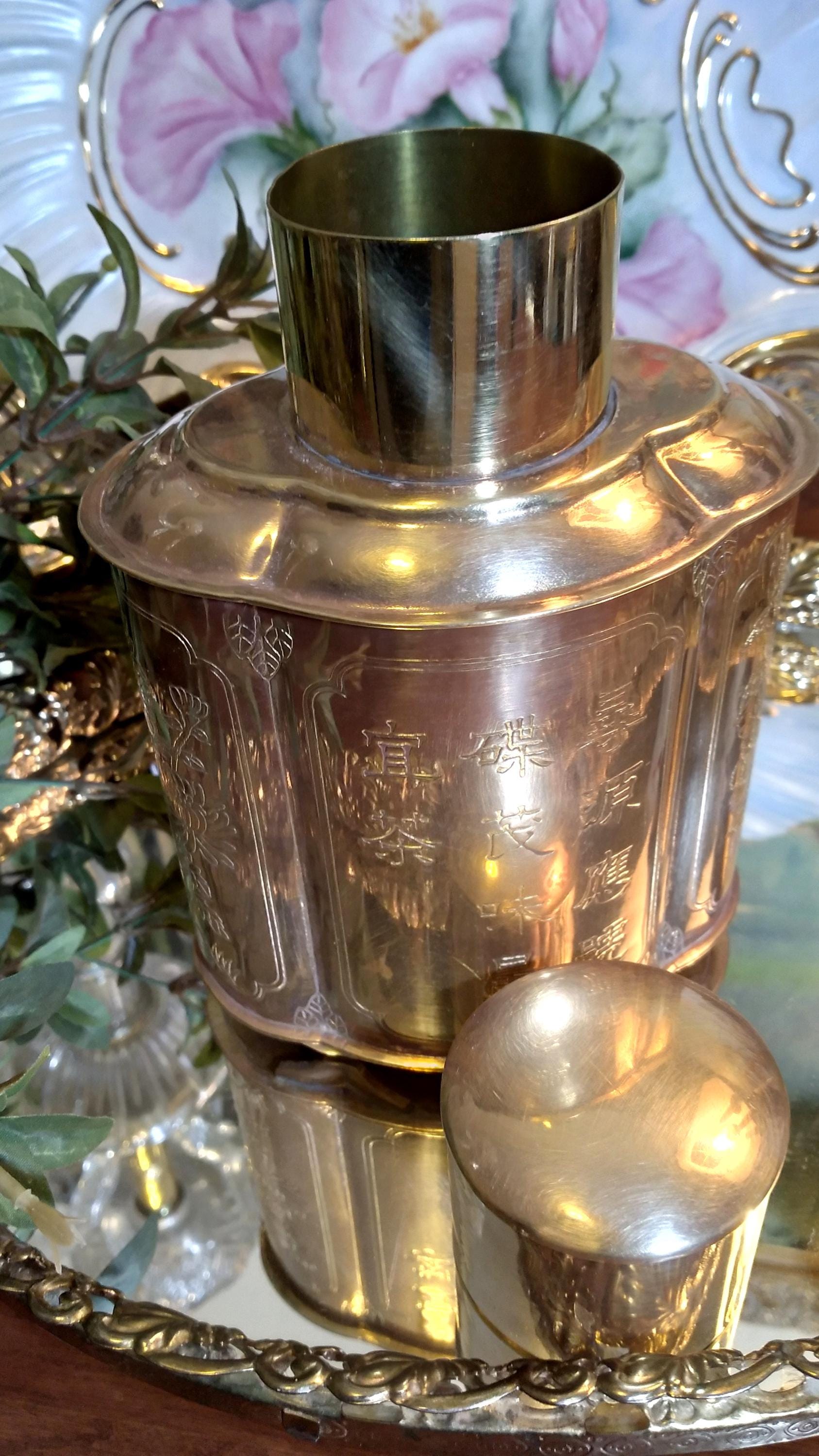 Vintage Asian Brass Footed Tea Caddy| Brass Tea Canister W Lid| Brass ...