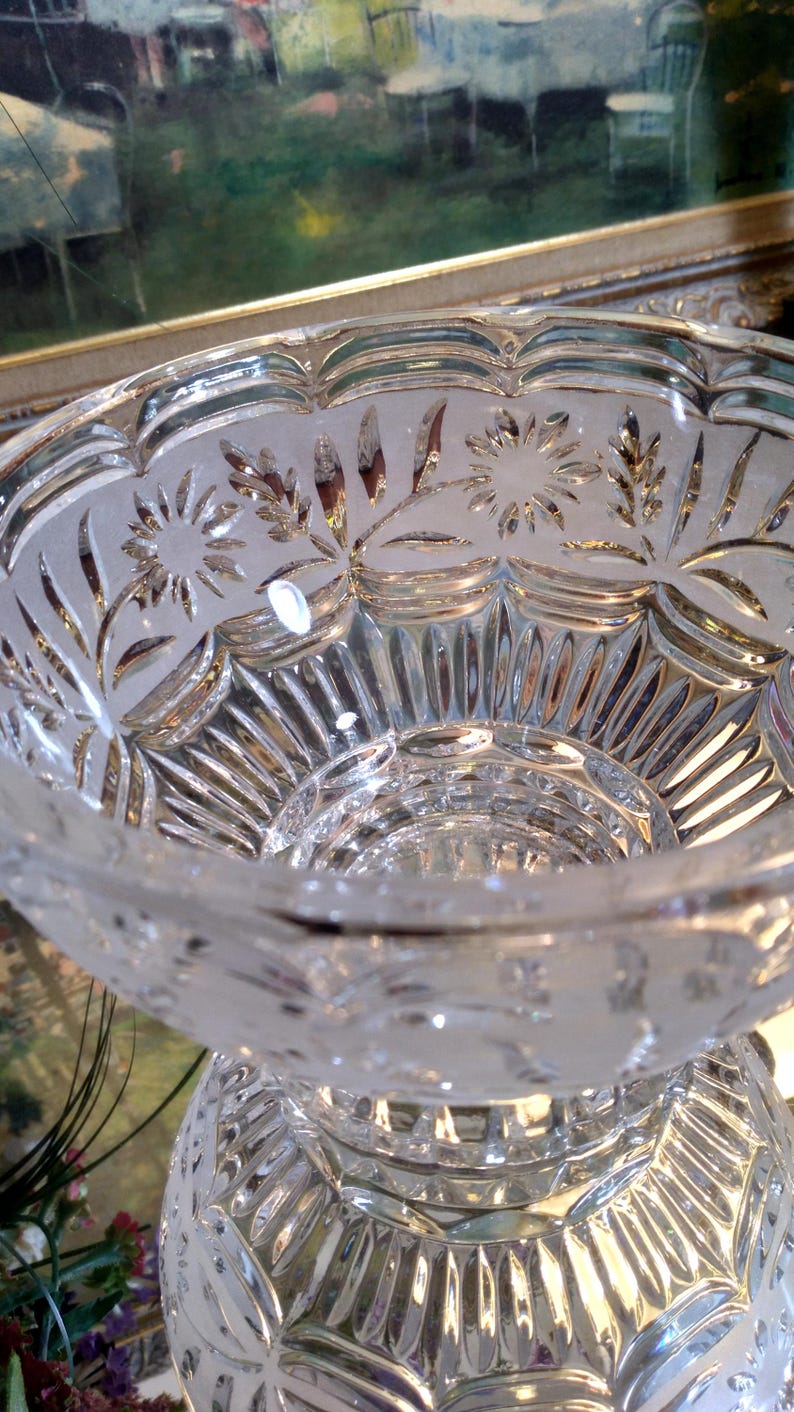 Vintage 10" Round Crystal Footed Candy Dish| Cut Crystal Etched Floral ...