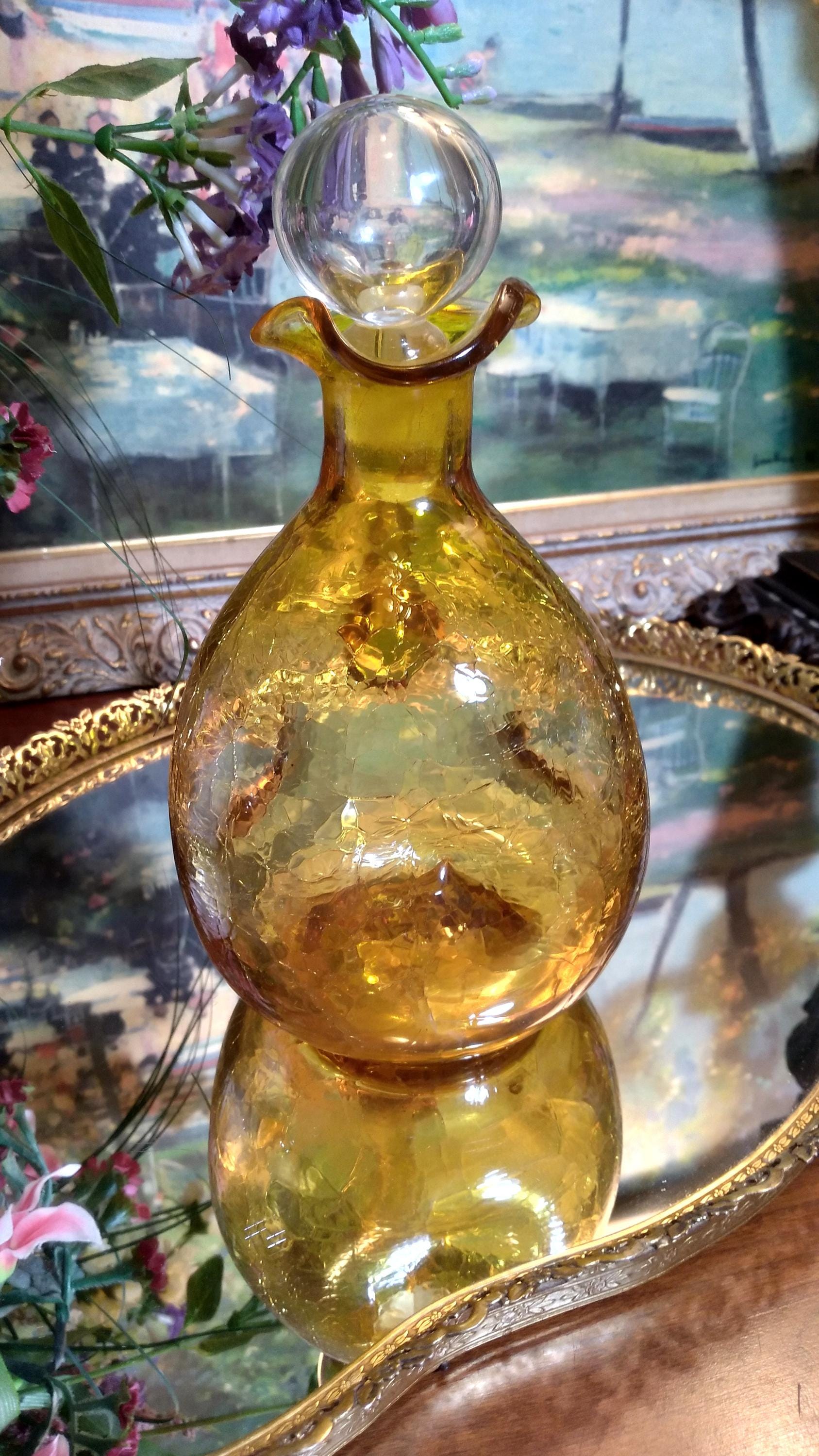 Mid Century 8" Amber Pinched Dimple Blenko Crackle Glass Handled Bottle ...