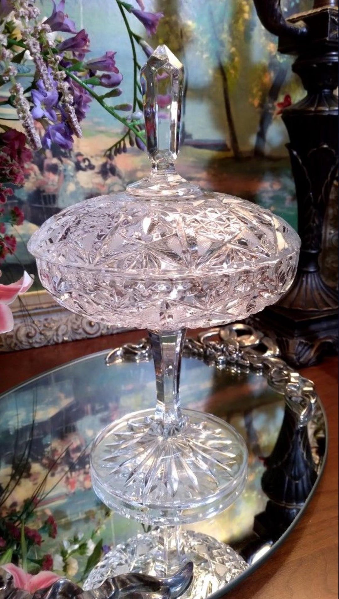 Vintage Cut Crystal Compote W Finial Lid | Tall Fine Cut Crystal Round ...