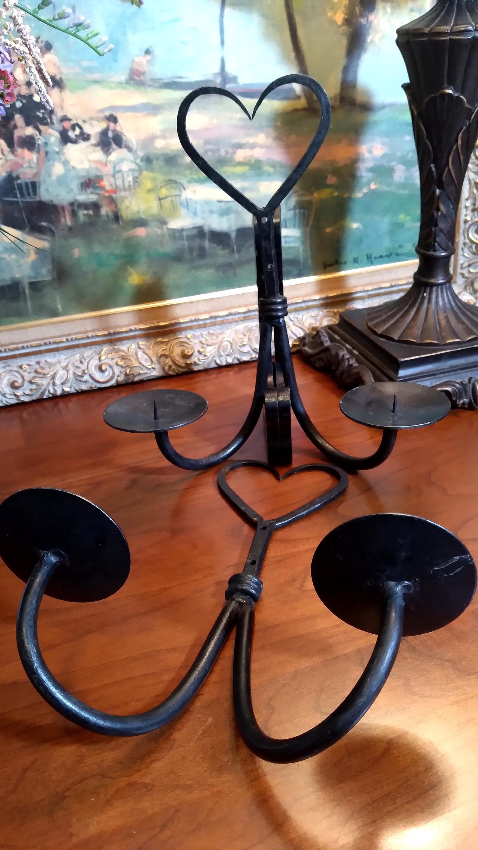 Vintage Black Iron Hand Forged Double Light Candle Wall Sconce/heart ...