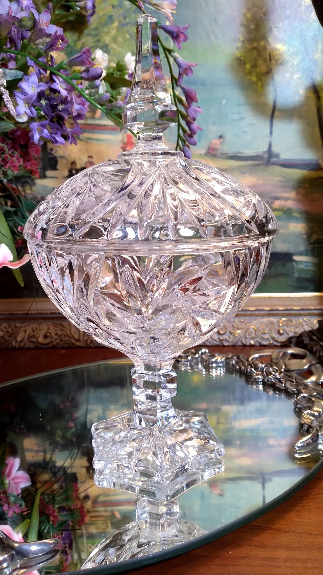 Vintage Tall Cut Crystal Pedestal Candy Dish W Lid | Large Footed 10 ...