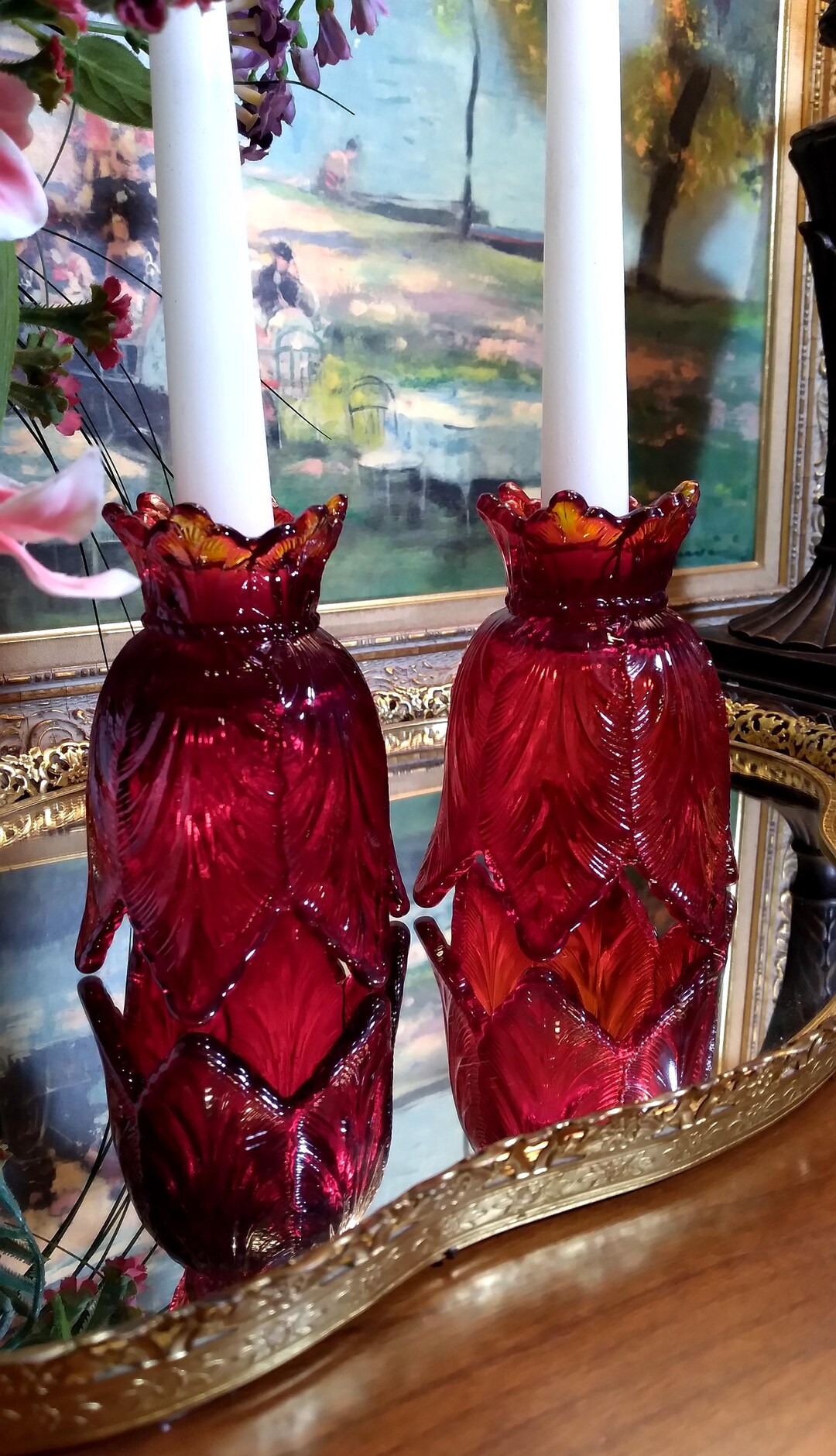 Ruby Red Amberina Fenton Art Glass Embossed Leaf tulip 2-way Footed ...